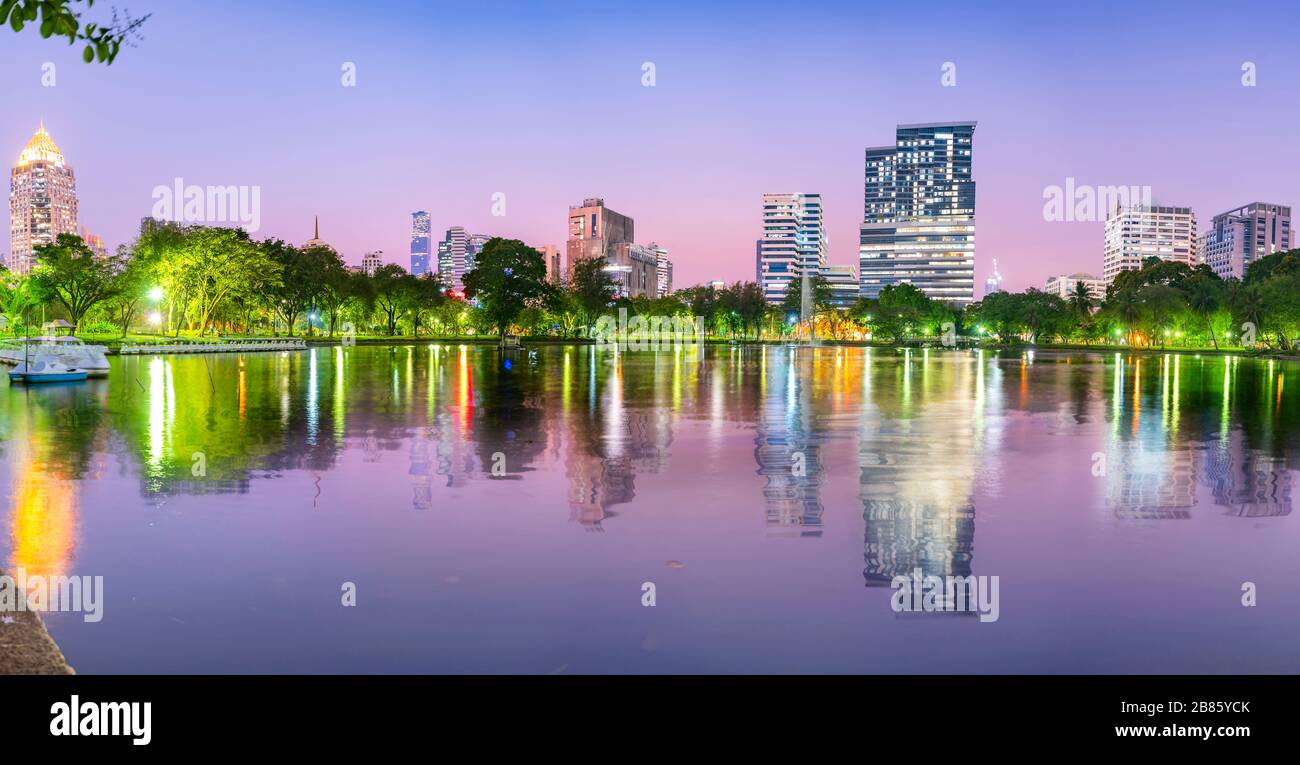 Lumpini Park in Bangkok at night Panorama concept. Thailand. Landscape ...