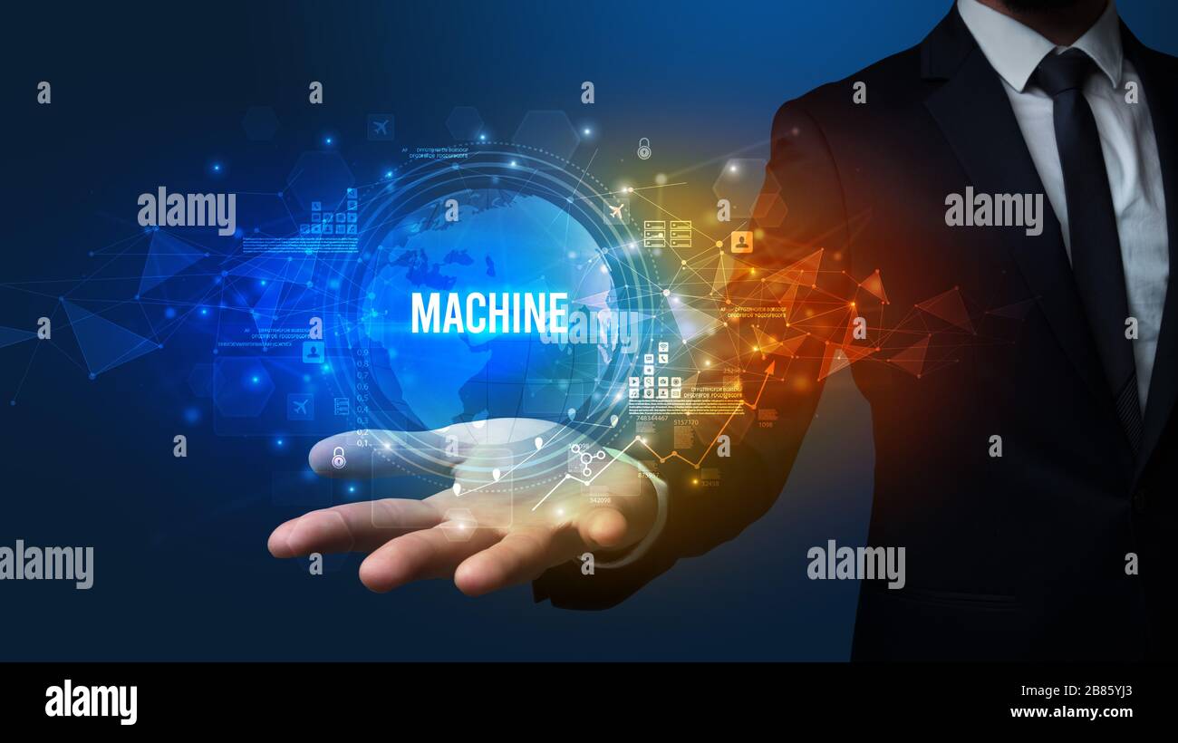 Elegant hand holding MACHINE inscription, digital technology concept ...