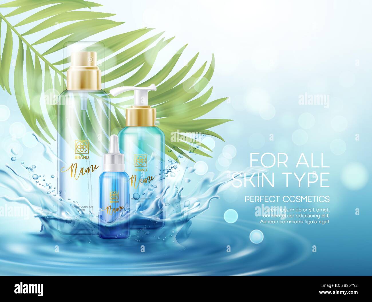 Wet skin care products with splash of water effects and palm tropical ...