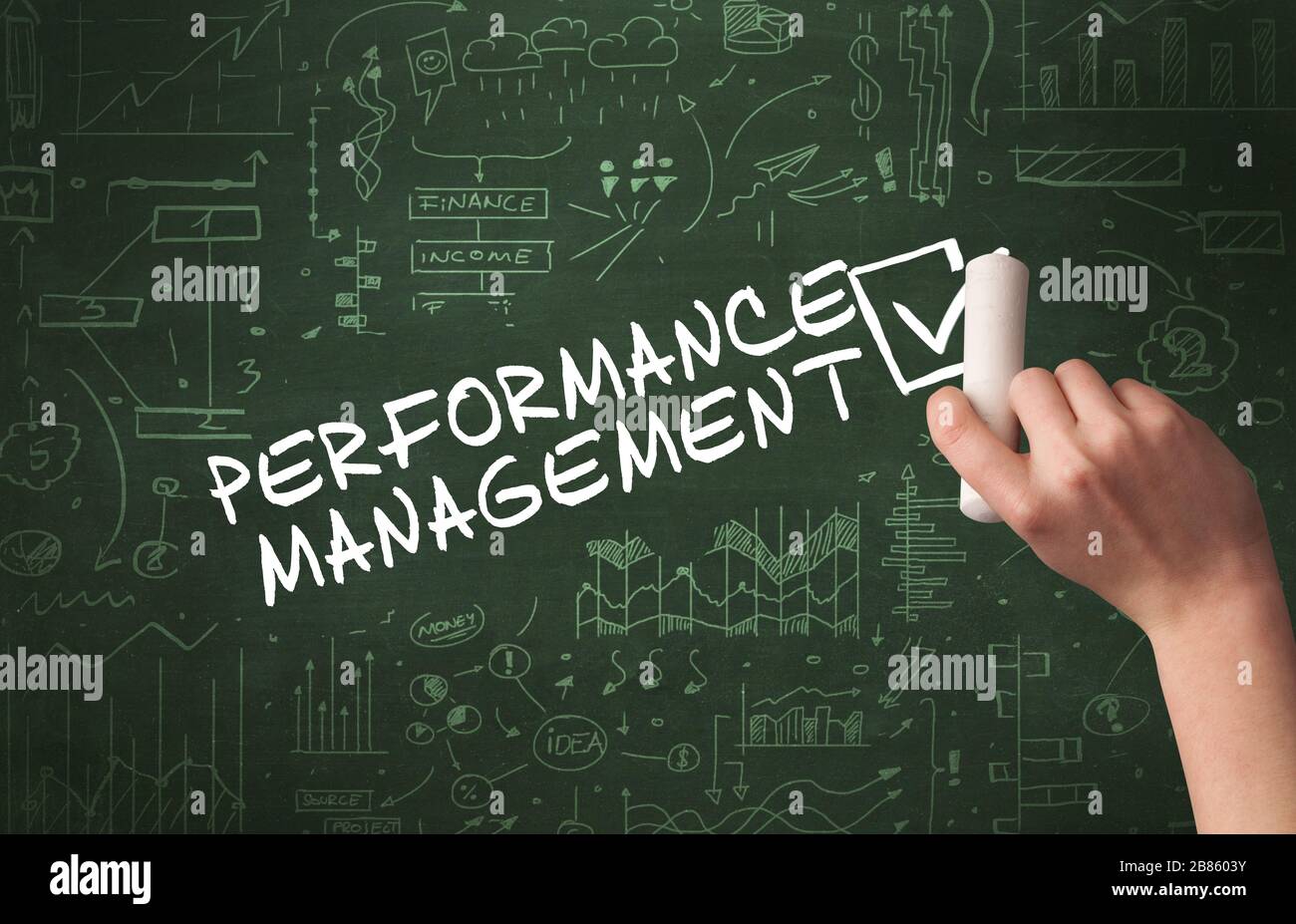 Hand drawing PERFORMANCE MANAGEMENT inscription with white chalk on ...