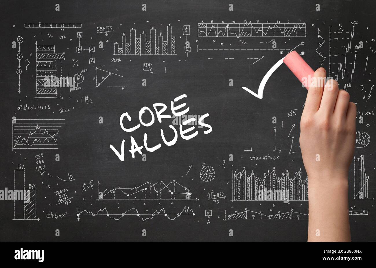 Hand drawing CORE VALUES inscription with white chalk on blackboard ...