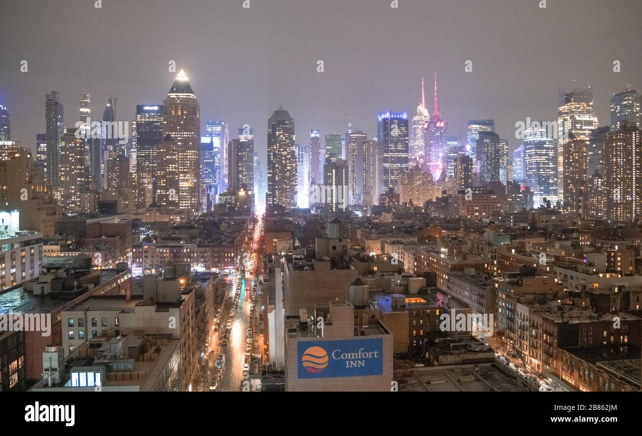 NEW YORK CITY - DECEMBER 2018: Midtown Manhattan aerial view at night ...