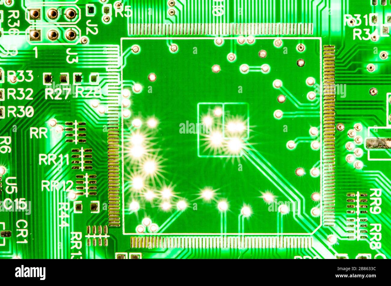Close up photo of pcb printed circuit board electric with light flash ...