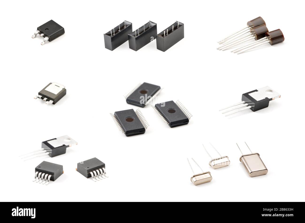 Various electronic components, close-up set on isolated white ...
