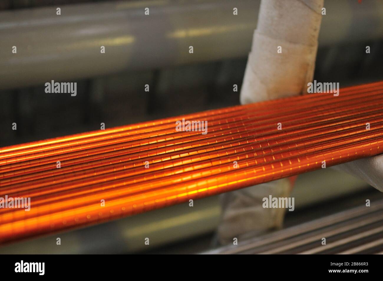 Close-up of a conductors of red copper wire in the kapton insulation ...