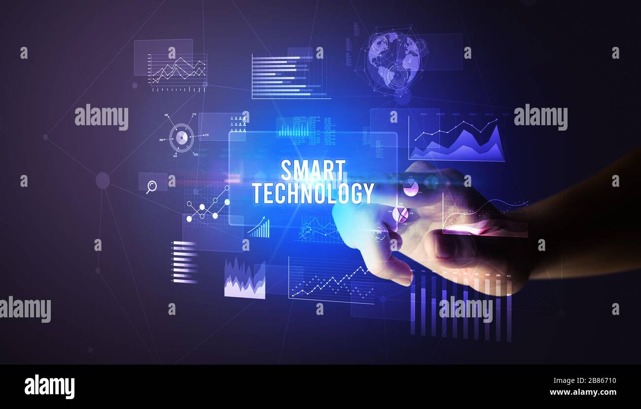 Hand touching SMART TECHNOLOGY inscription, new business technology ...