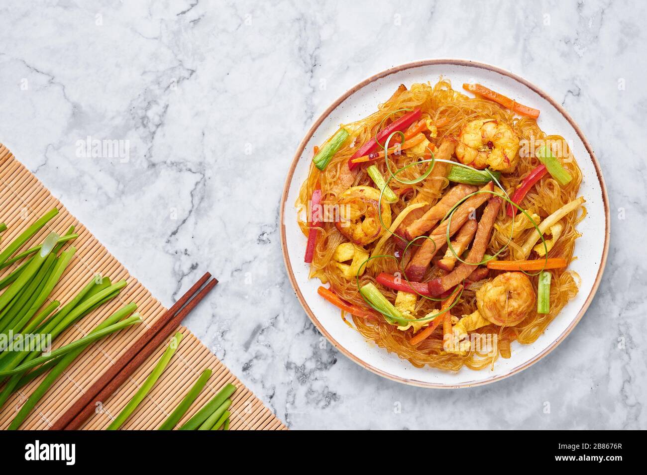 Singapore Mei Fun in white plate on marble background. Singapore ...
