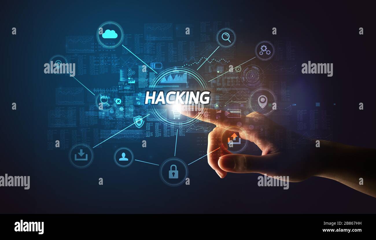 Hand touching HACKING inscription, Cybersecurity concept Stock Photo ...