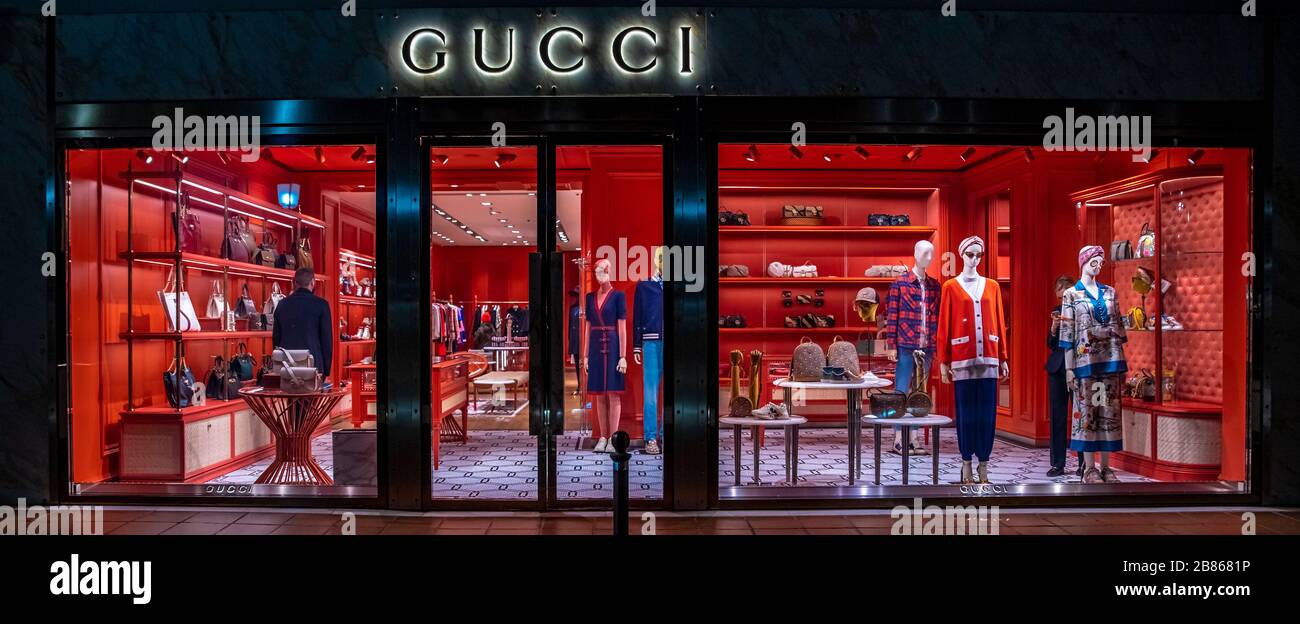 Marbella - January 13, 2020: shop window of gucci shop on night street ...