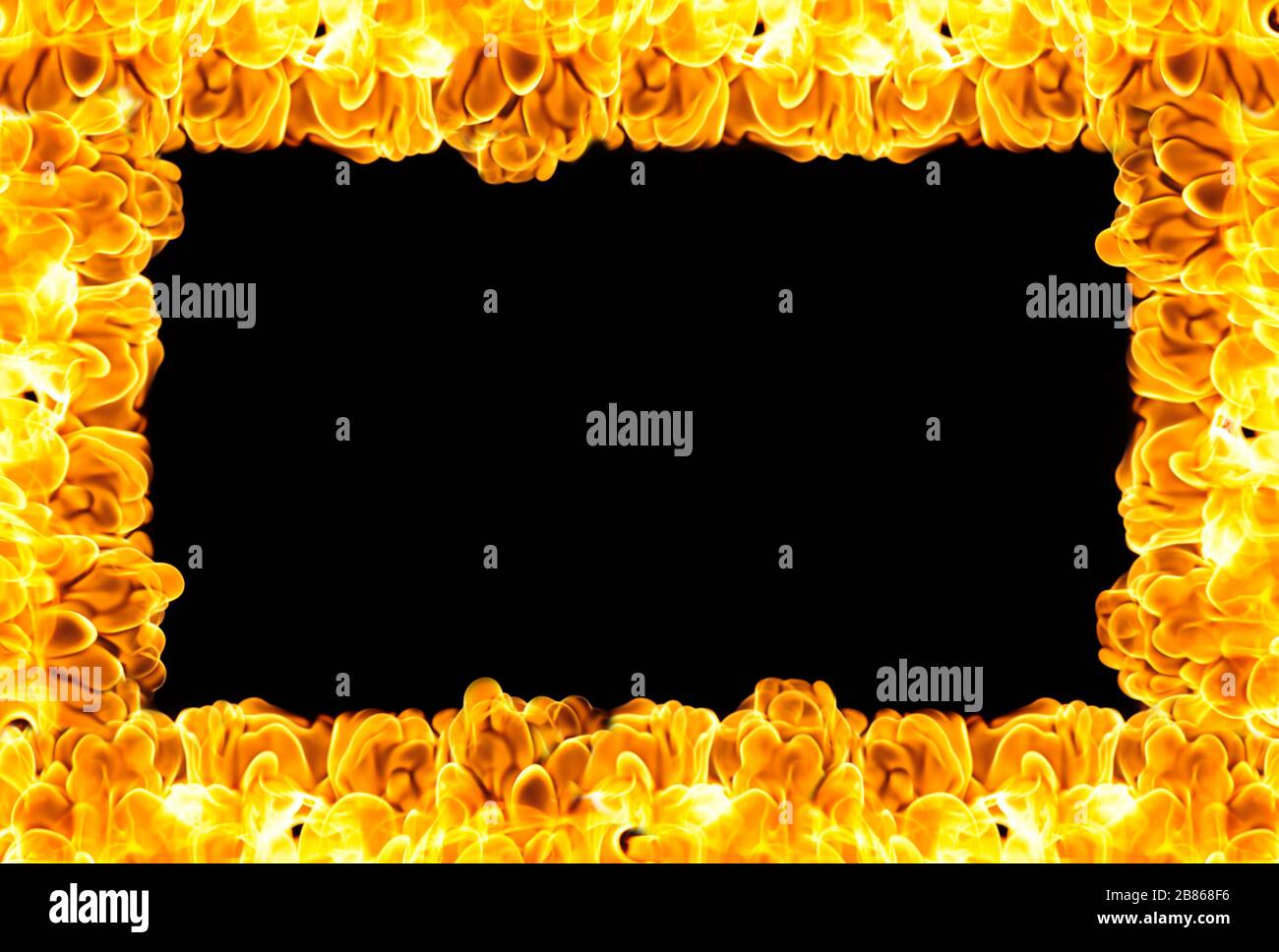 Fire frame around black background, border made of flames of yellow and ...