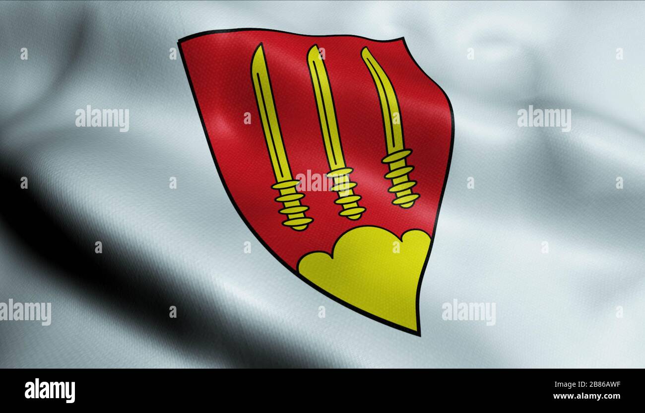 3D Illustration of a waving coat of arms flag of Sassenberg (Germany ...