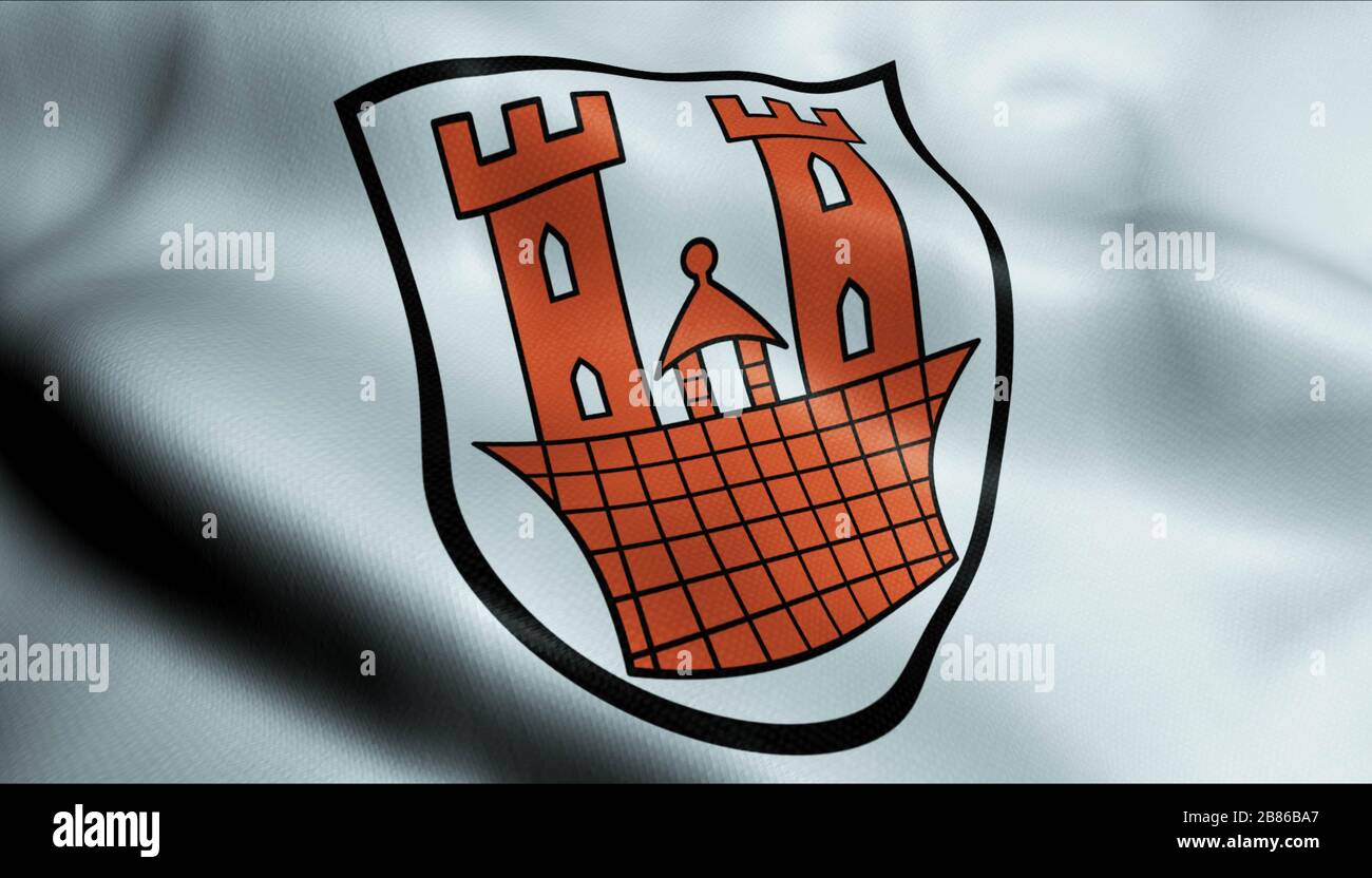 3D Illustration of a waving coat of arms flag of Rothenburg ob der ...