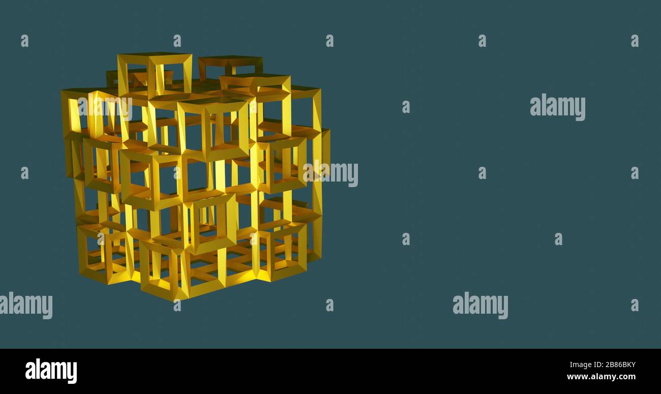 Golden abstract house cube blue background isolated 3D rendering simple ...