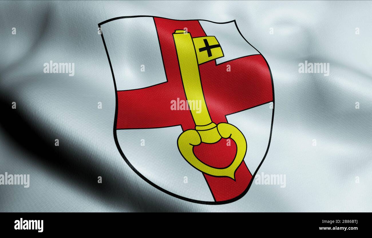 3D Illustration of a waving coat of arms flag of Rheinberg (Germany ...