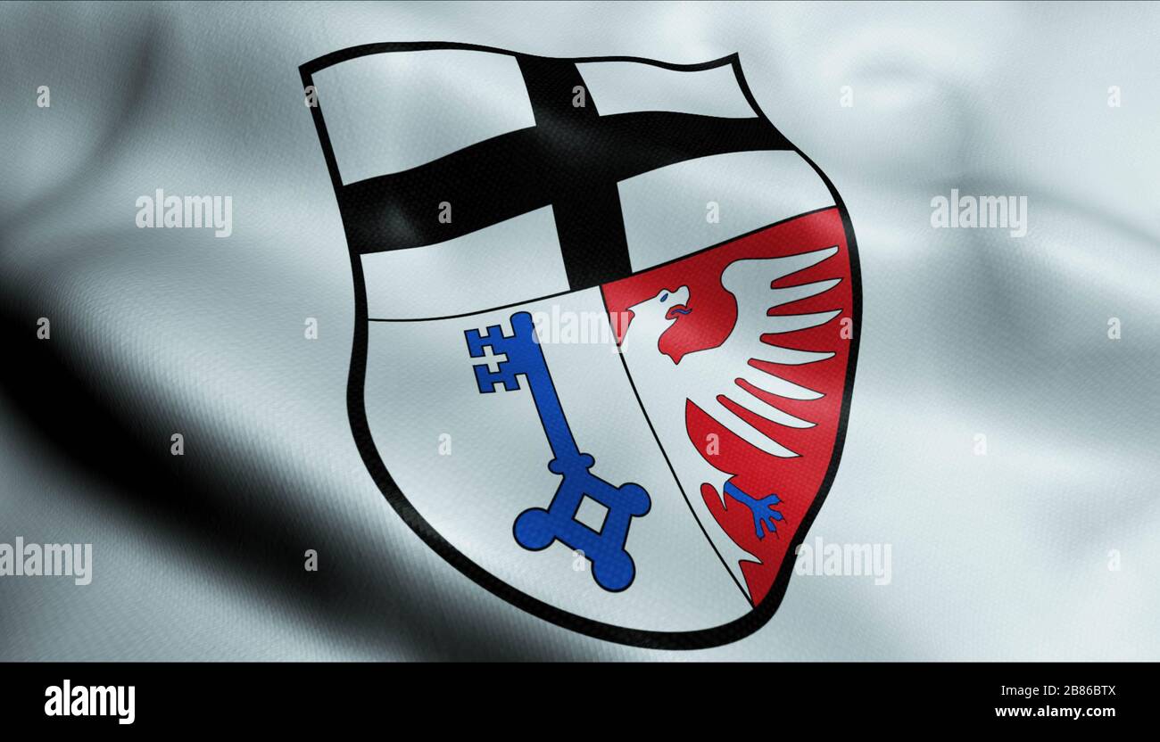 3D Illustration of a waving coat of arms flag of Rheinbach (Germany ...