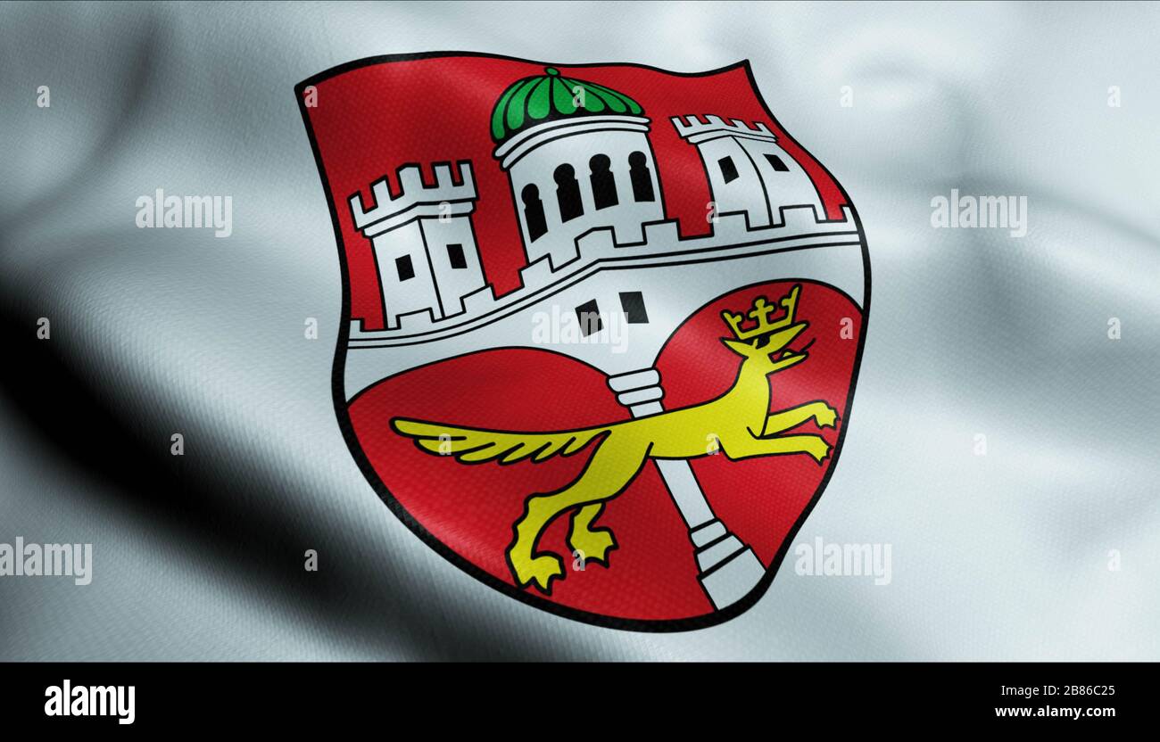 3D Illustration of a waving coat of arms flag of Remagen (Germany ...