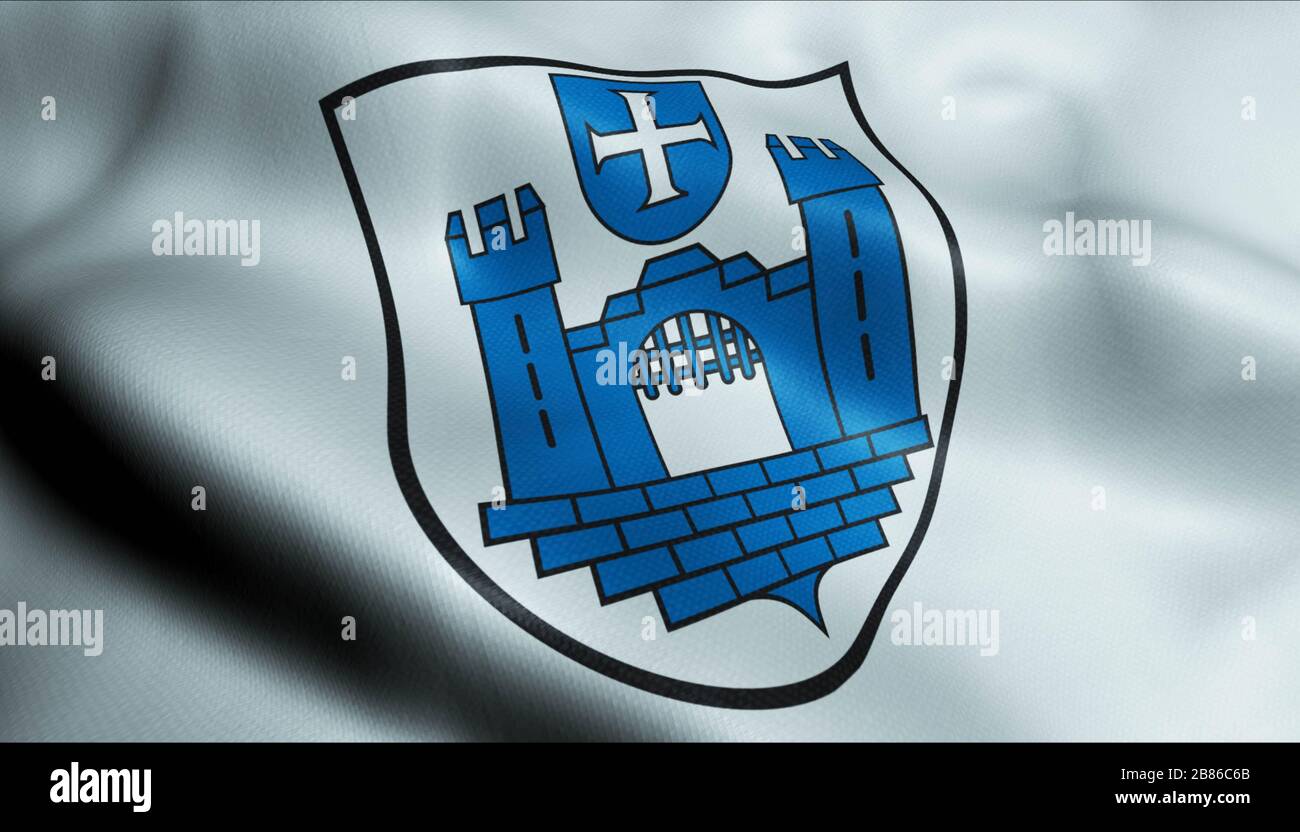 3D Illustration of a waving coat of arms flag of Ravensburg (Germany ...