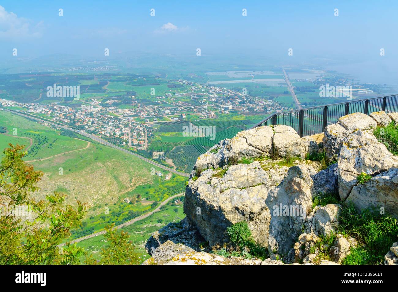View of a viewpoint on Mount Arbel, with Migdal and the Sea of Galilee ...