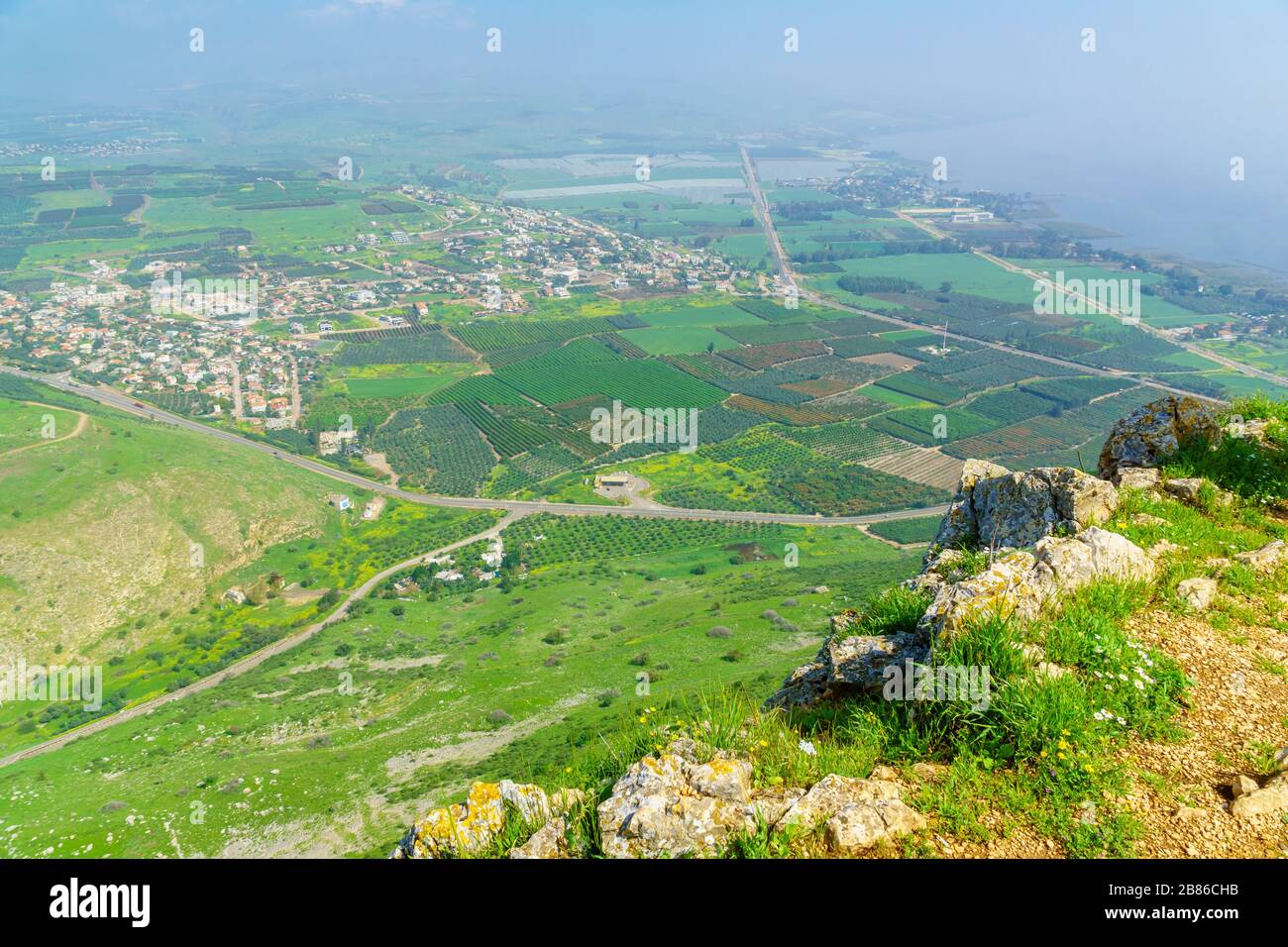 View of a viewpoint on Mount Arbel, with Migdal and the Sea of Galilee ...