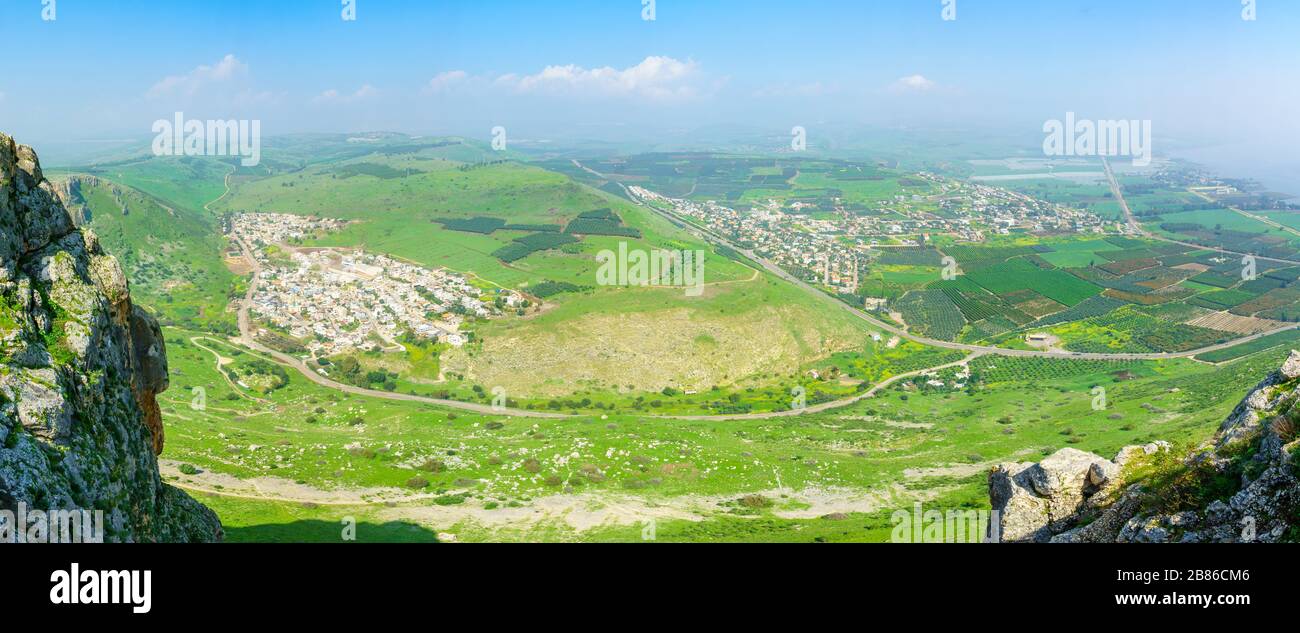 Panoramic landscape view form Mount Arbel, with Wadi Hamam village ...