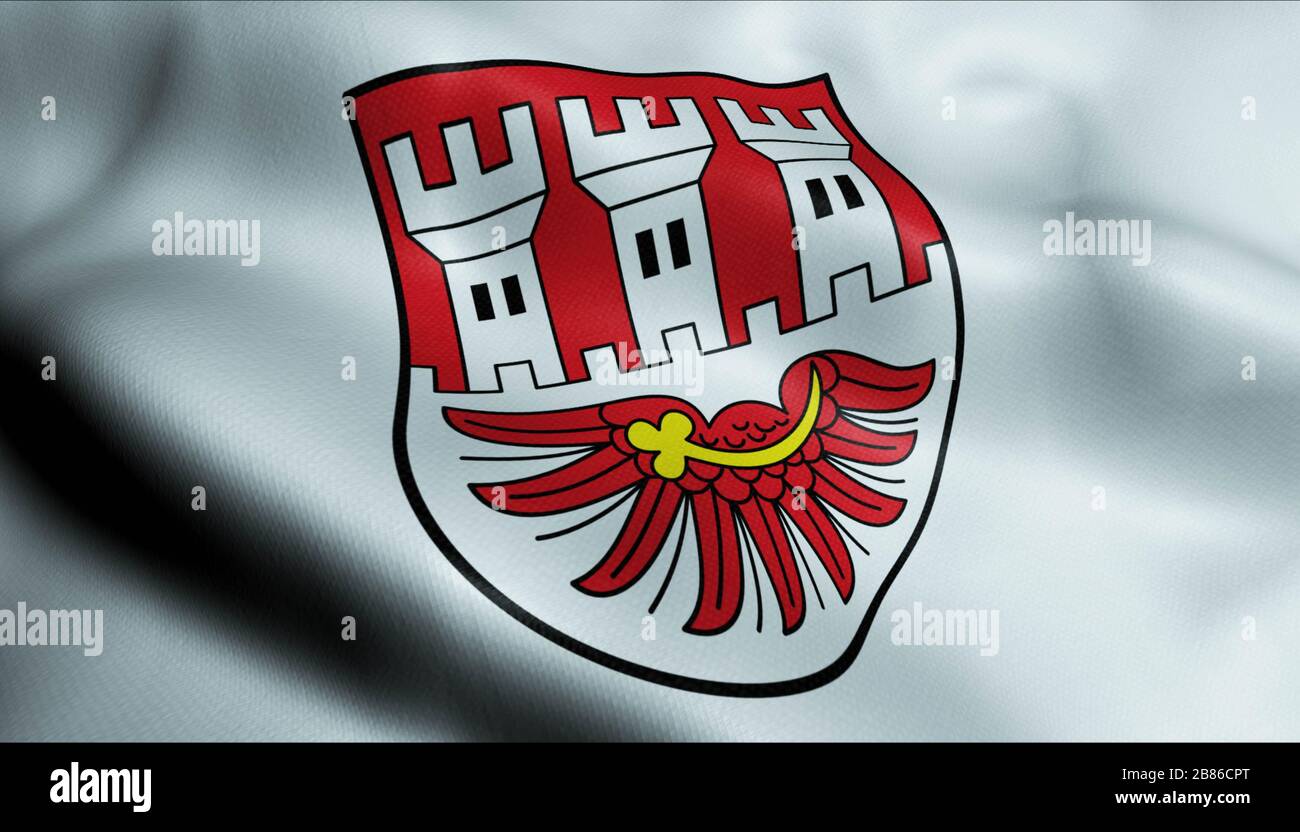 3D Illustration of a waving coat of arms flag of Porta Westfalica ...