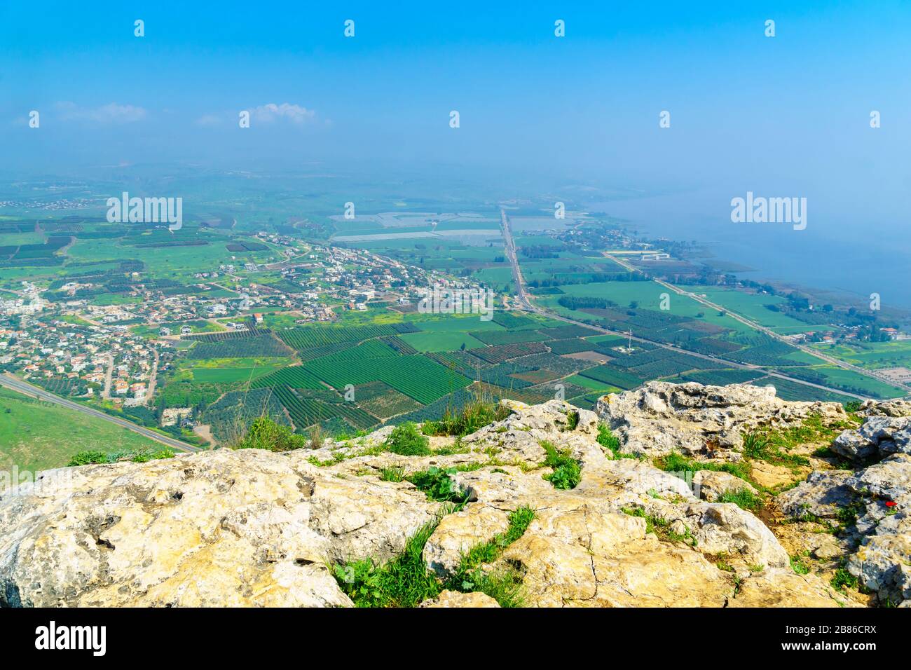 Landscape view from Mount Arbel, with Migdal and the Sea of Galilee ...