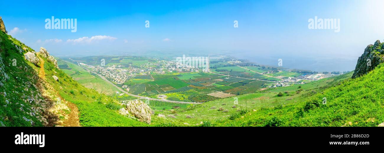 Panoramic landscape view from Mount Arbel, with Migdal and the Sea of ...