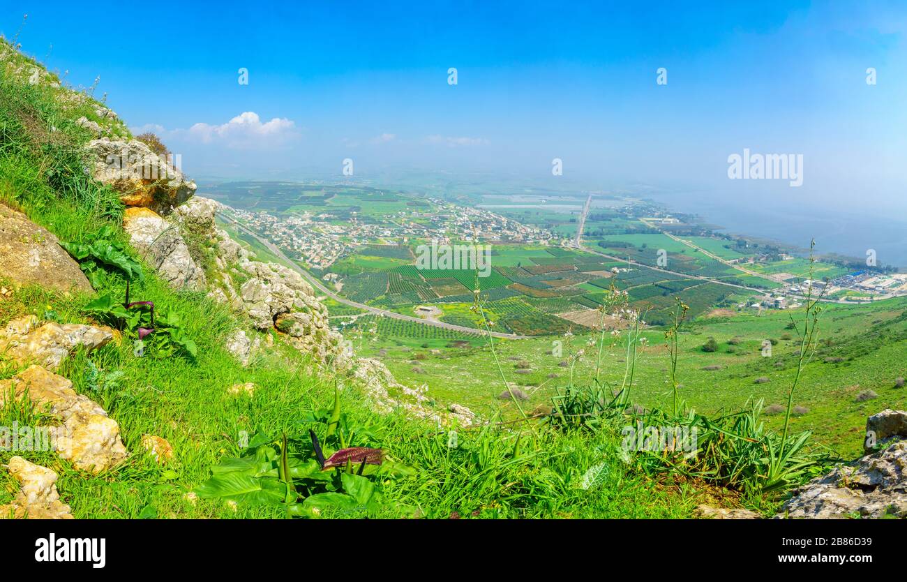 Panoramic landscape view from Mount Arbel, with Migdal and the Sea of ...