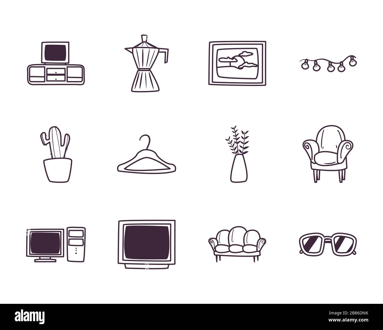 line style icon set design, Home room decoration interior living ...