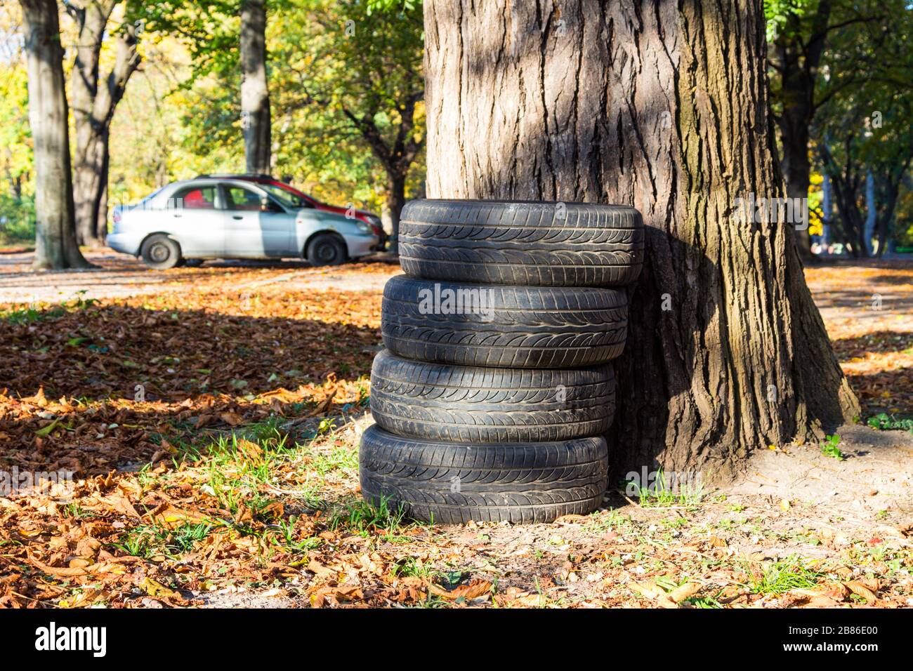 Four 4 used car tyres tires stacked piled beside a tree in park with ...