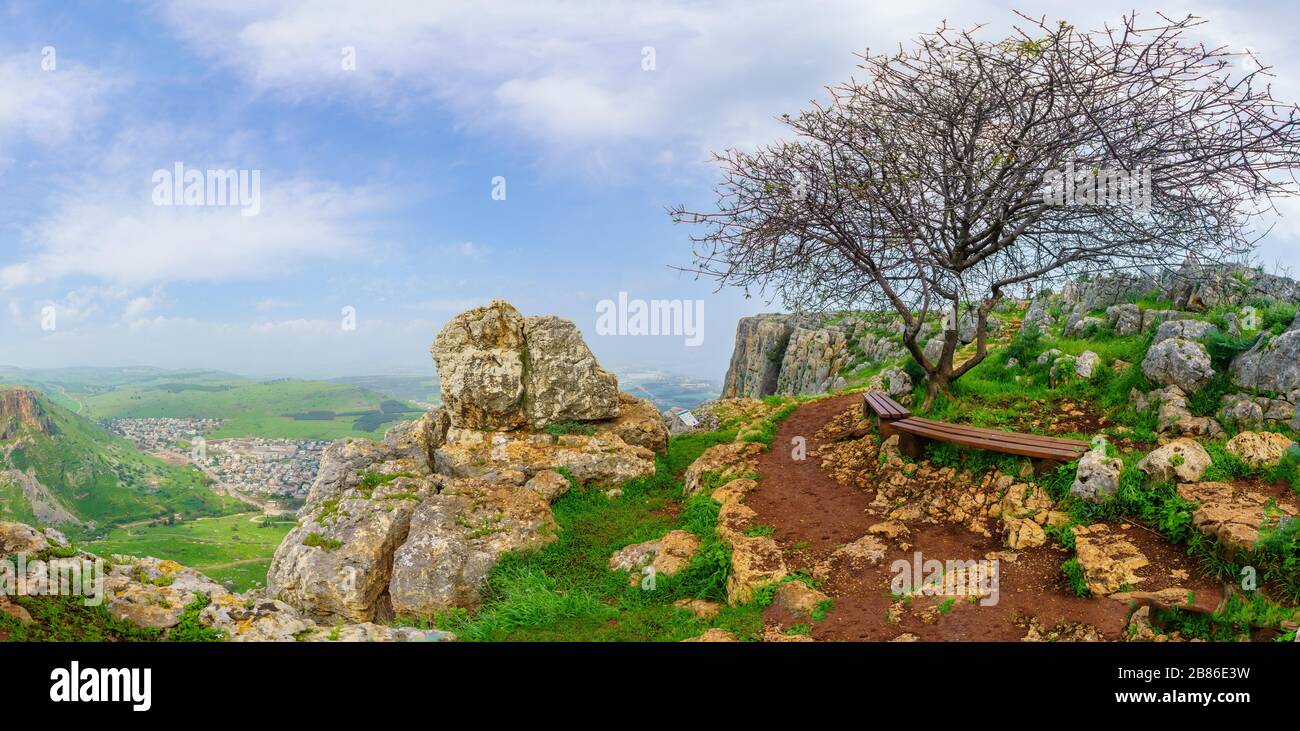 Panoramic landscape view form Mount Arbel, with Wadi Hamam village ...