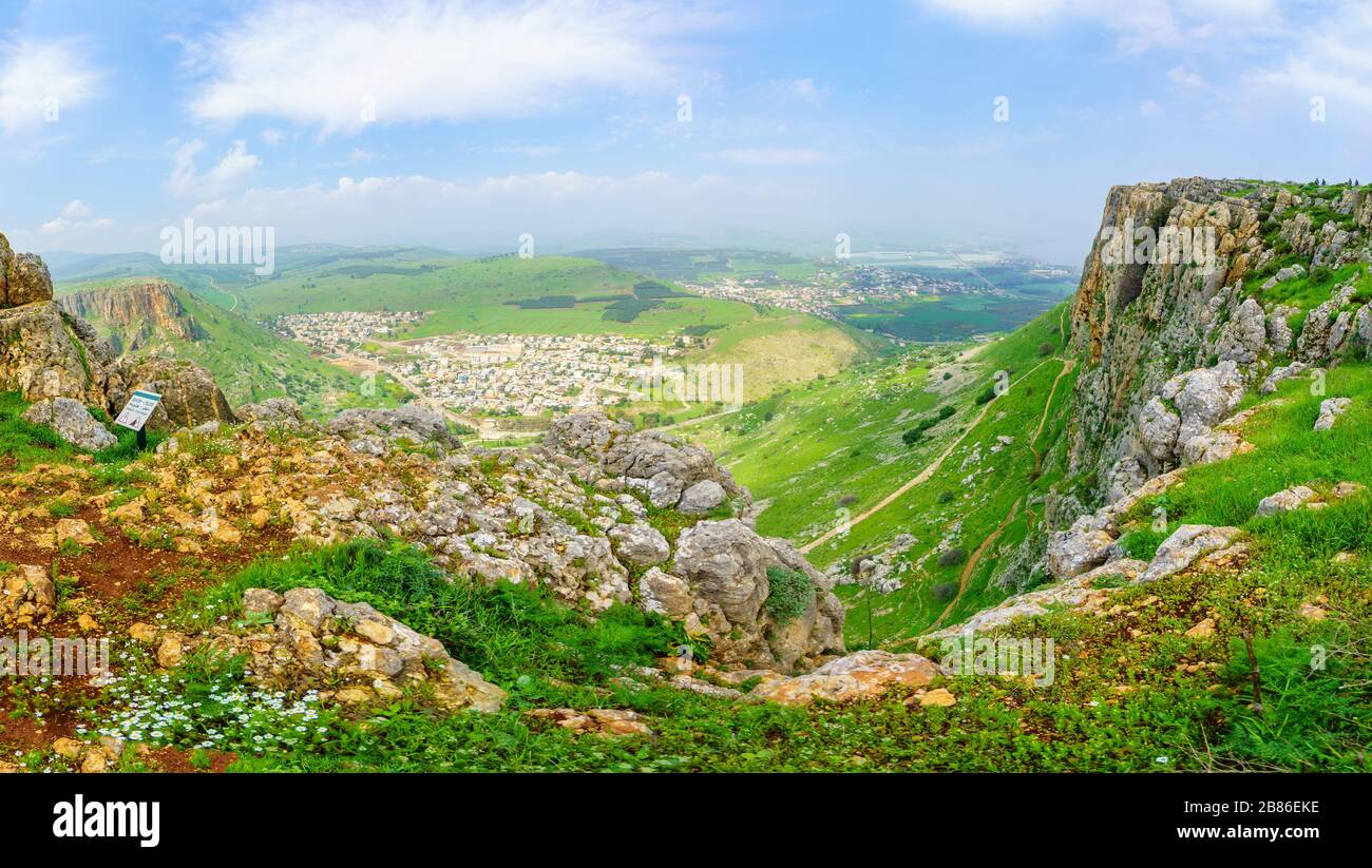 Panoramic landscape view form Mount Arbel, with Wadi Hamam village ...
