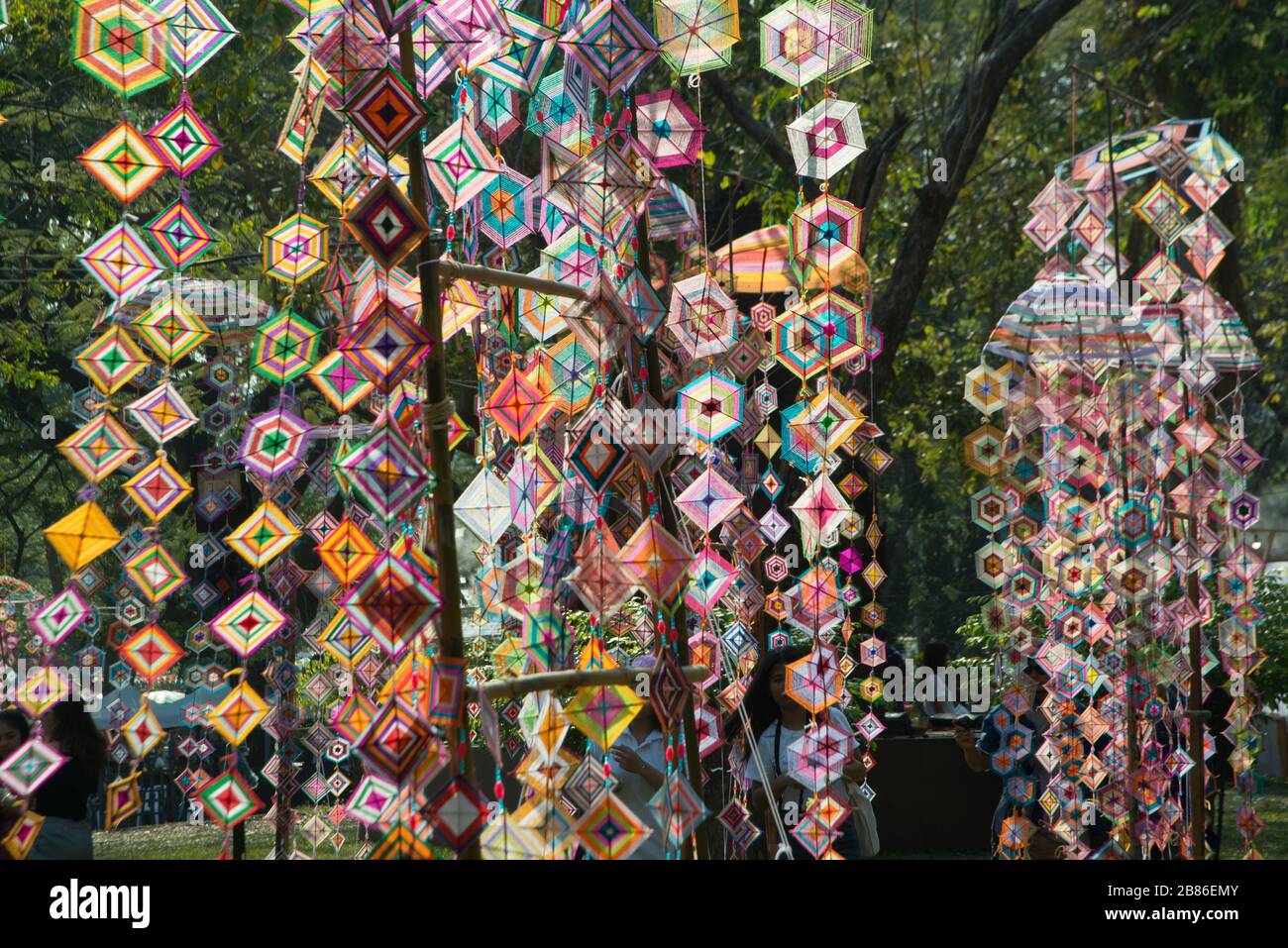 The colorful spider tung web flag in local Thai traditional merit old ...