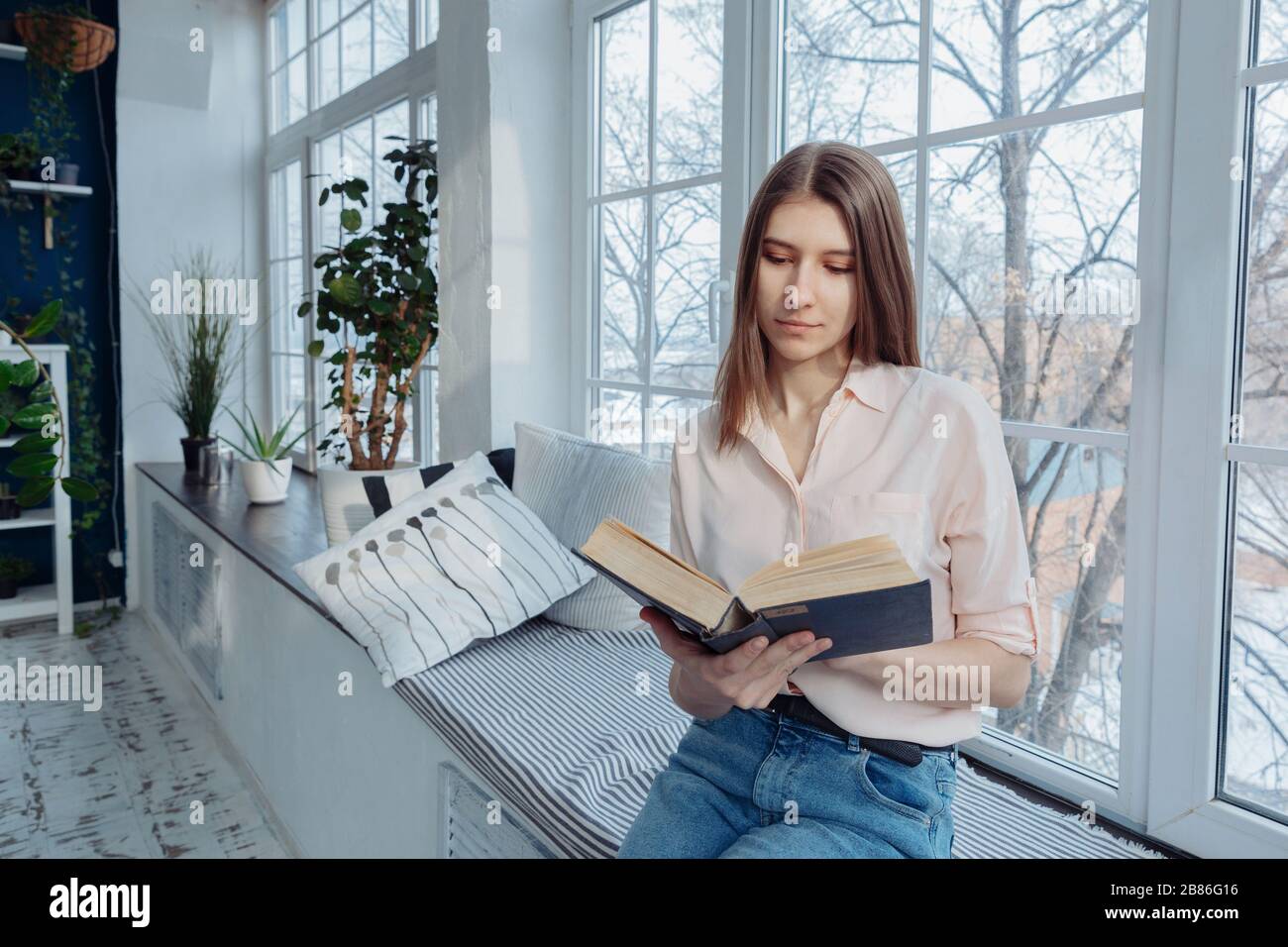 A girl is reading a book by the window. Indoor plants are visible in ...