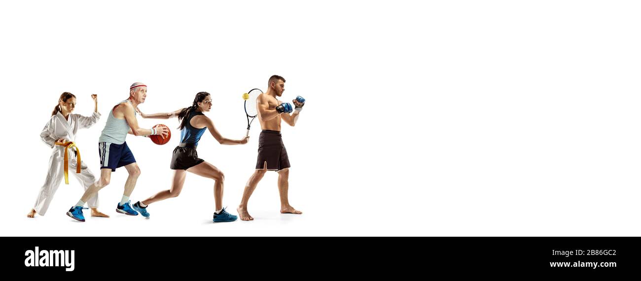 Young sportsmen running and jumping on white studio background. Concept ...