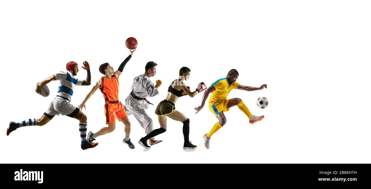 Young sportsmen running and jumping on white studio background. Concept ...