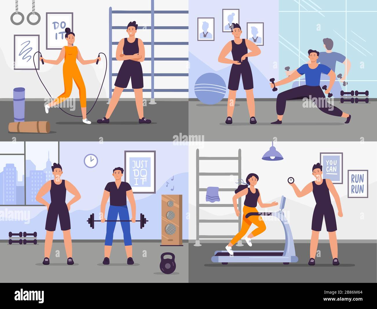 Gym coach. Vector illustration set people training Stock Vector Image ...