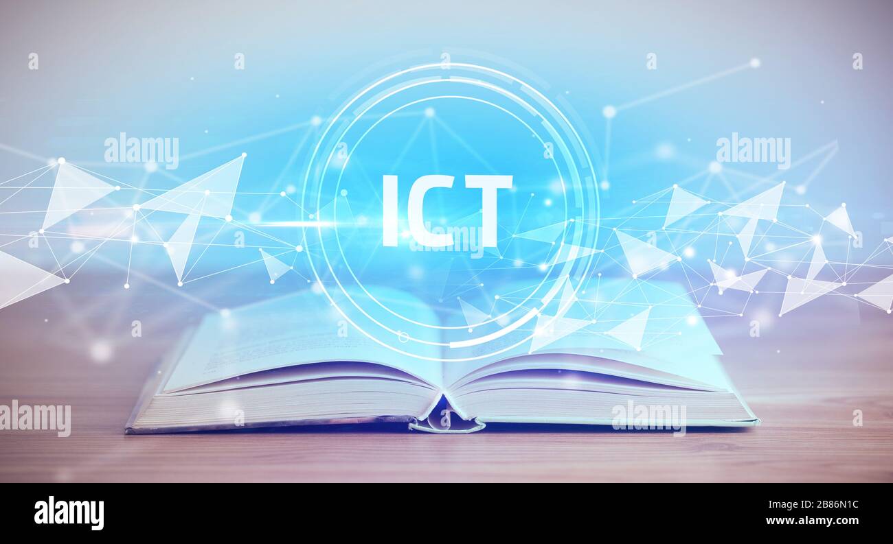 Open book with ICT abbreviation, modern technology concept Stock Photo ...