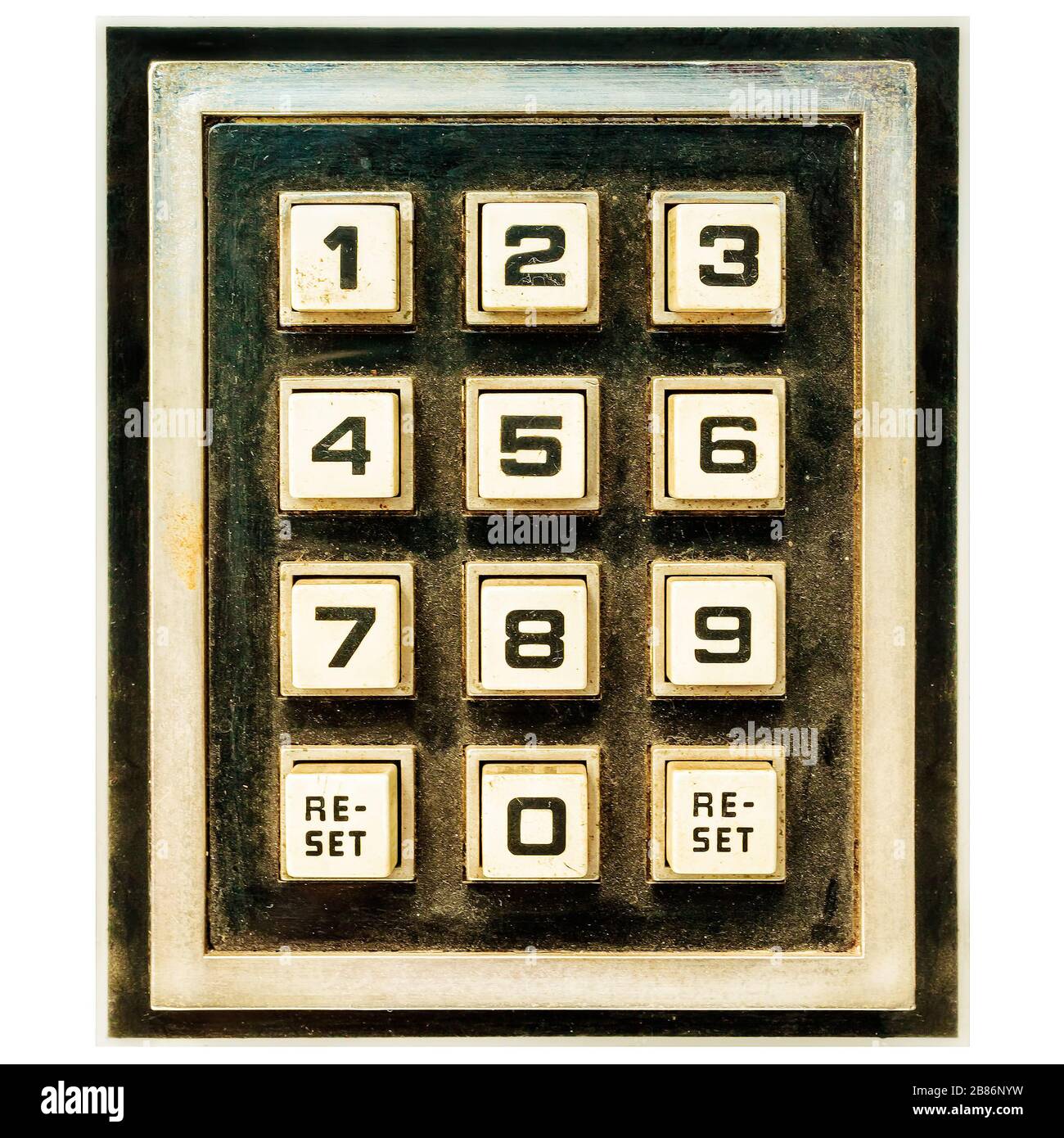 Vintage weathered keypad with reset and number buttons Stock Photo - Alamy
