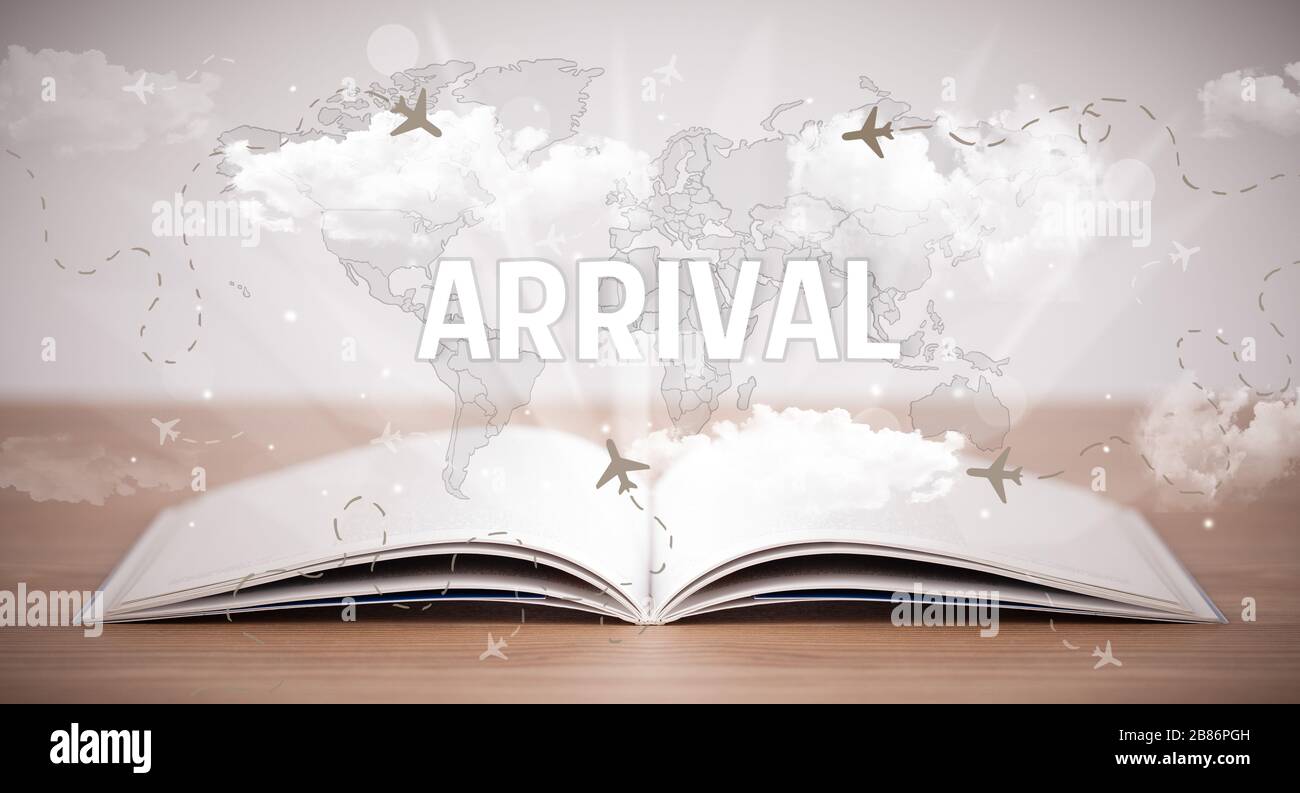 Open book with ARRIVAL inscription, vacation concept Stock Photo - Alamy