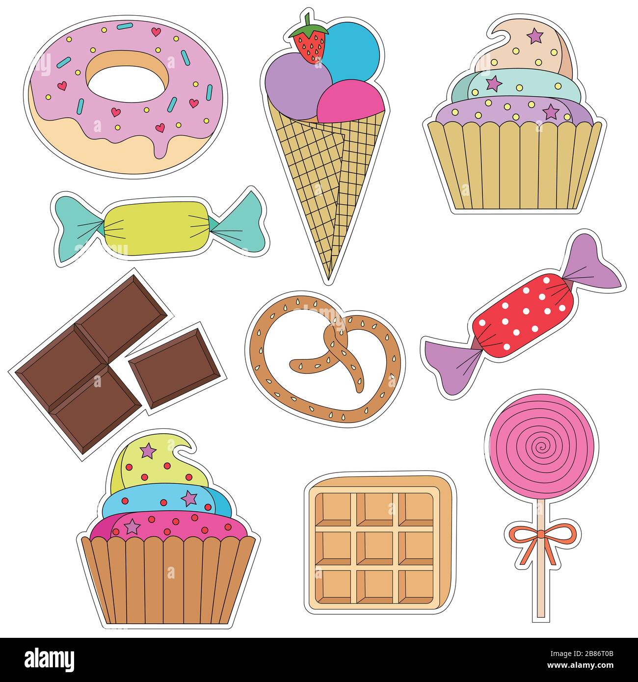 a set of colorful stickers with cake, ice cream , cupcakes, candy ...