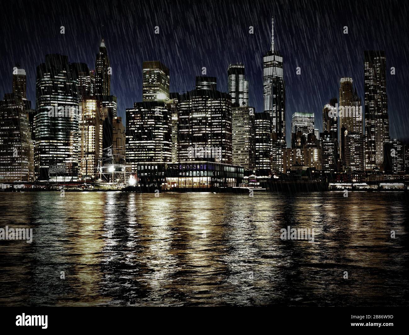 Manhattan new york city skyline at dusk from brooklyn side under heavy ...