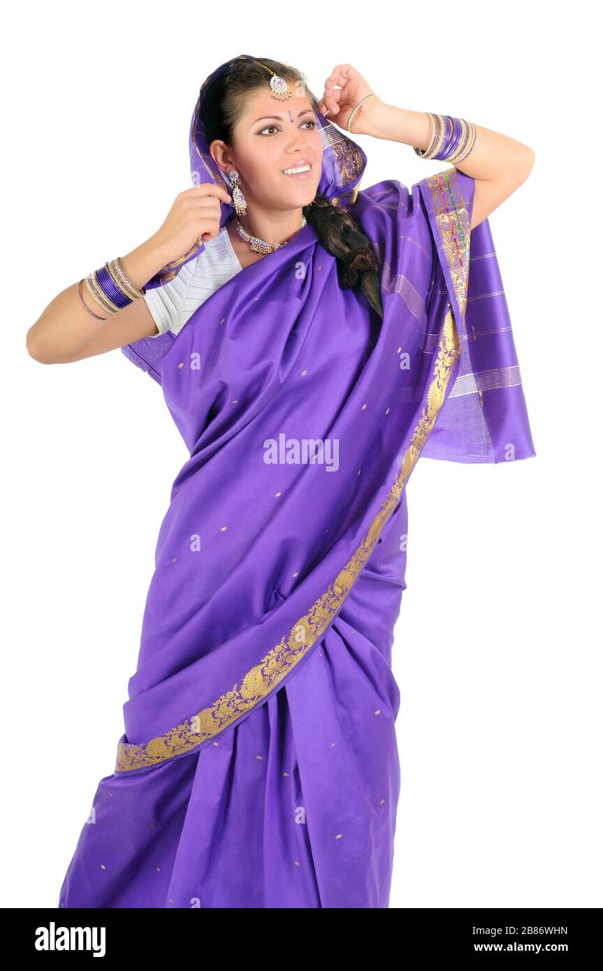 Standing smiling caucasian white woman posing in traditional purple ...