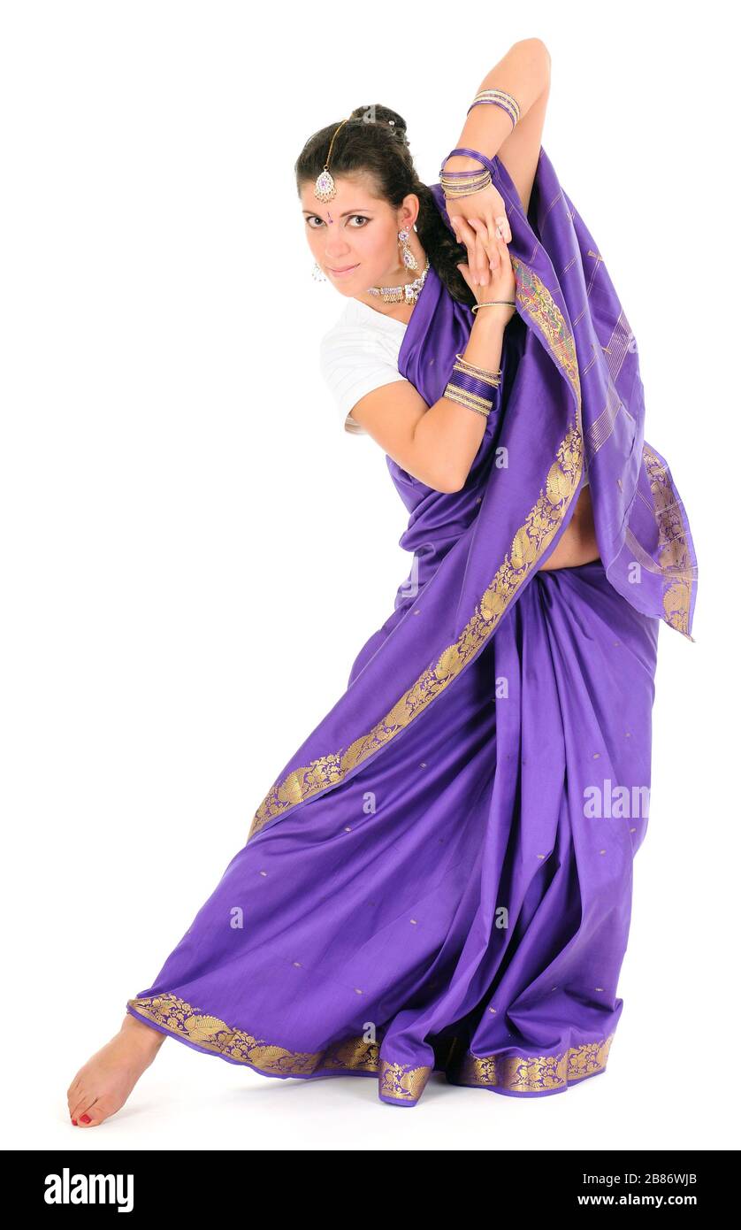Standing smiling caucasian white woman posing in traditional purple ...
