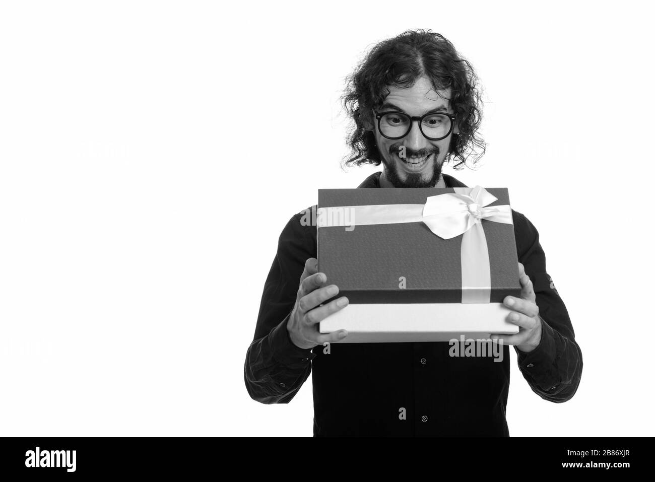 Man opening box happy Black and White Stock Photos & Images - Alamy