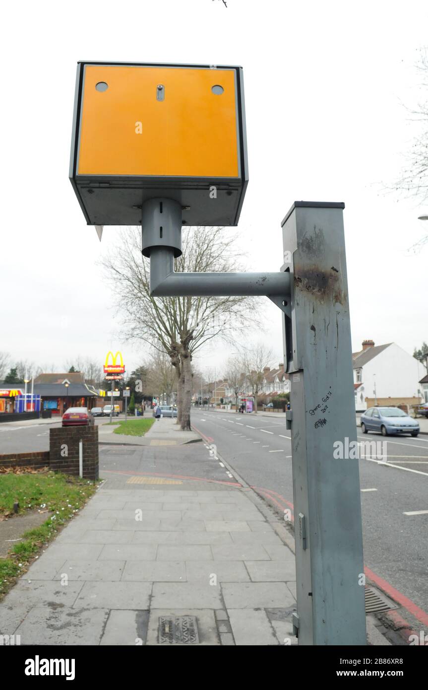 Yellow Gatso Speed Camera at side on London high street. Attempted ...