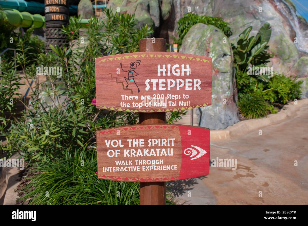 Orlando, Florida. March 10, 2020. Hight steeper sign at Volcano Bay in ...