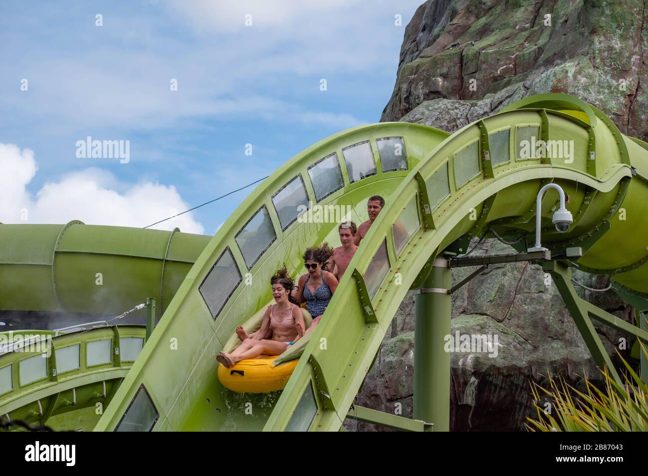 Orlando, Florida. March 10, 2020. People enjoying Krakatau Aqua Coaster ...