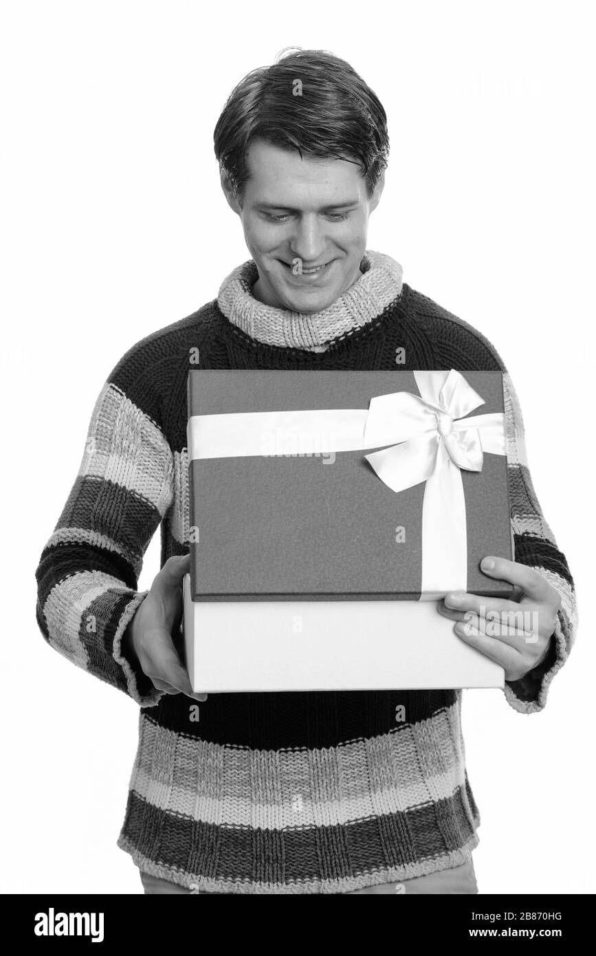 Man opening box happy Black and White Stock Photos & Images - Alamy