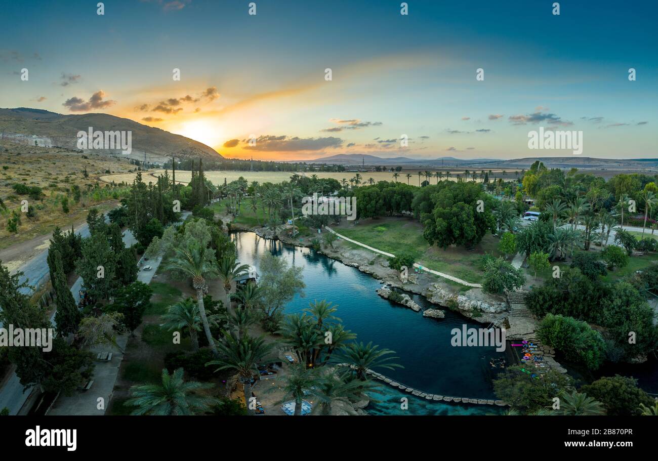 Sunset over Sachne national park and natural spring in Northern Israel ...